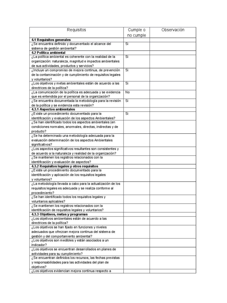 Check List Iso 14001 | PDF | Science | Tecnología (general)