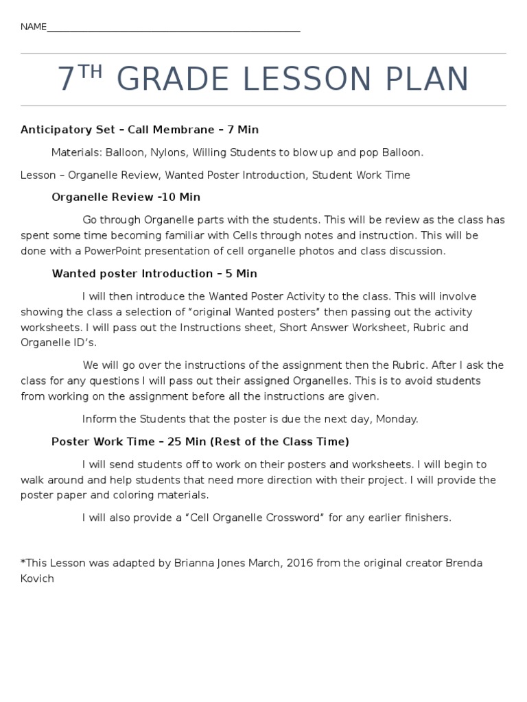 7th Grade Cell Organelle Poster Lesson Plan | PDF | Organelle | Cell ...