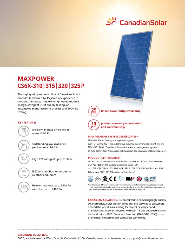 Canadian Solar Datasheet MaxPower CS6X P V5.5en | PDF | Solar Panel ...