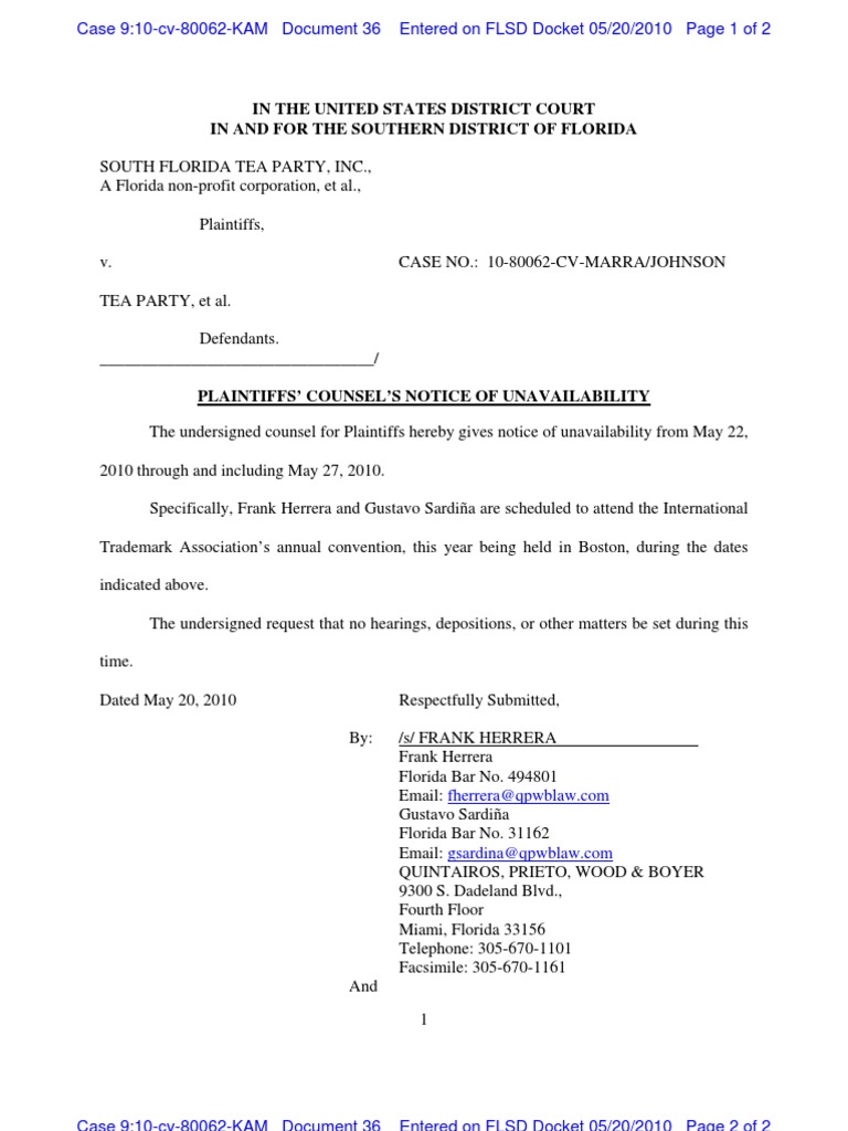 05-20-10_Plaintiffs Counsel Notice of Unavailability | Common Law | Courts