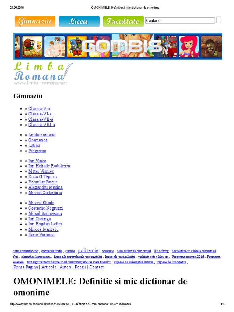 OMONIMELE - Definitie Si Mic Dictionar de Omonime PDF | PDF