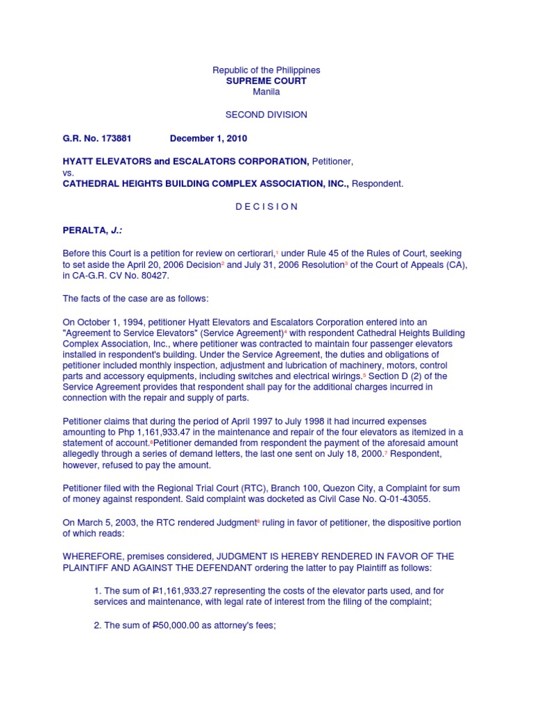 Hyatt Elevators and Escalators vs. Cathedral Heights G.R. No. 173881 ...