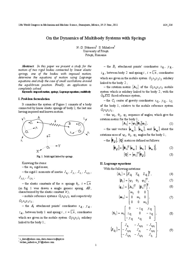 On The Dynamics of Multibody Systems With Springs: Abstract | PDF | Matrix (Mathematics ...