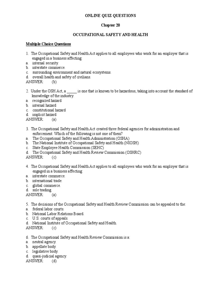 Occupationaal Health and Safety Quiz | PDF | Occupational Safety And ...