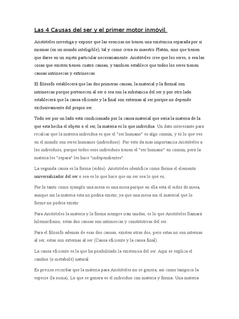 Las 4 Causas Del Ser y El Primer Motor Inmóvil Bueno | Aristóteles ...