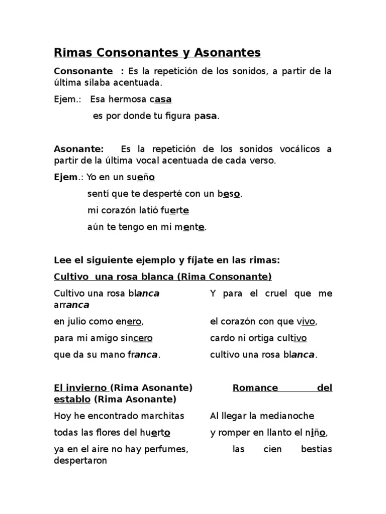 Rimas Consonantes y Asonantes | Rima | Lingüística | Prueba gratuita de ...