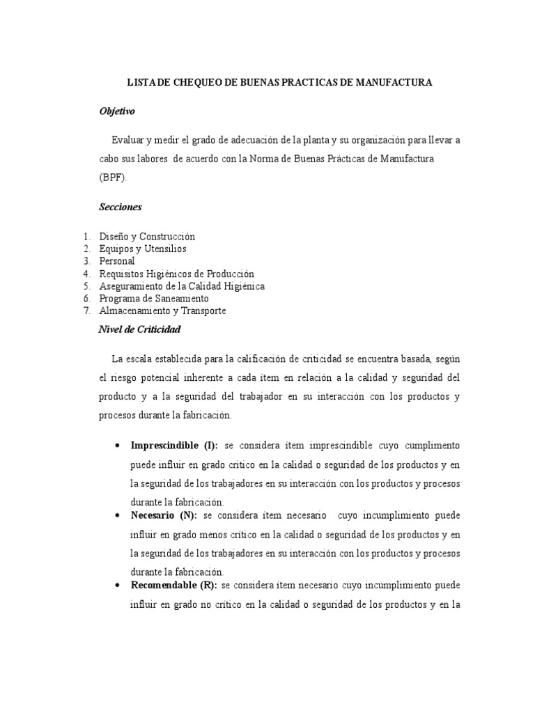 Check List Norma de BPF | PDF | Calidad (comercial) | Alimentos