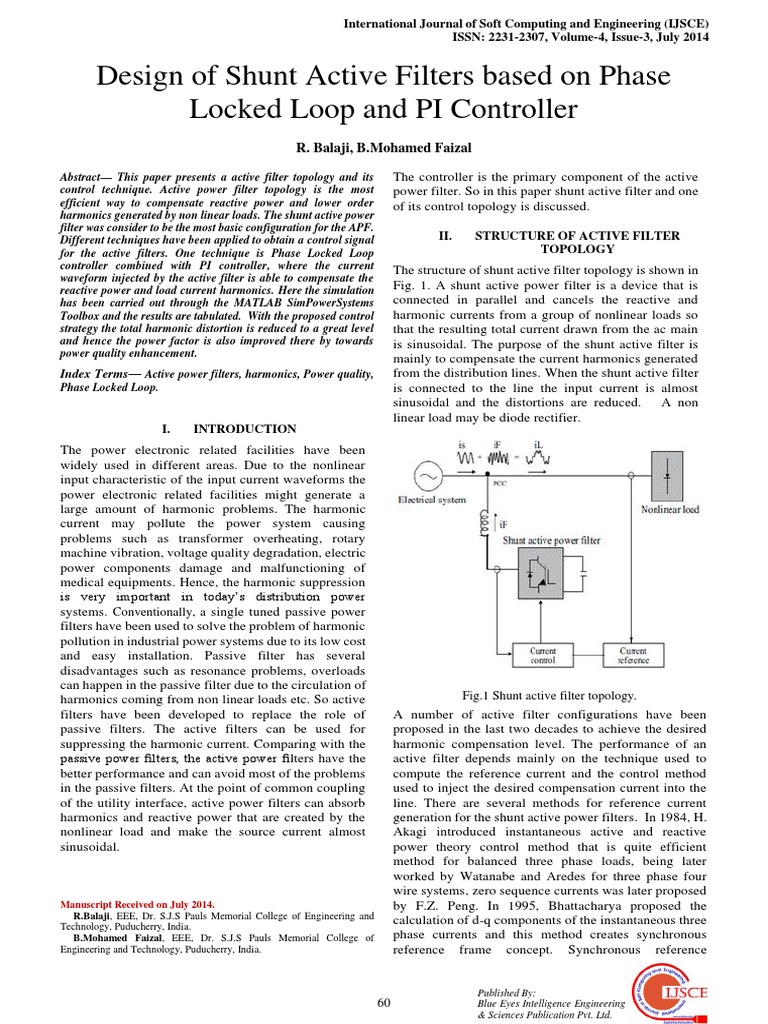 Design of Shunt Active Filters Based On Phase Locked Loop and PI Controller-2014 | PDF