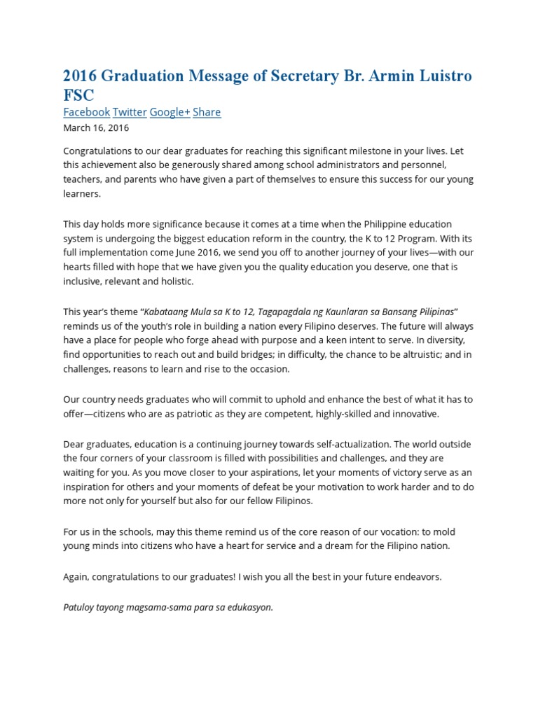 2016 Graduation Message of Secretary BR | PDF | Social Science | Wellness