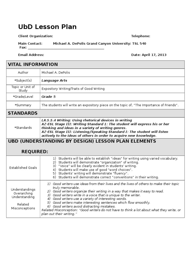 Ubd Lesson Plan: Vital Information | PDF | Lesson Plan | Education Theory