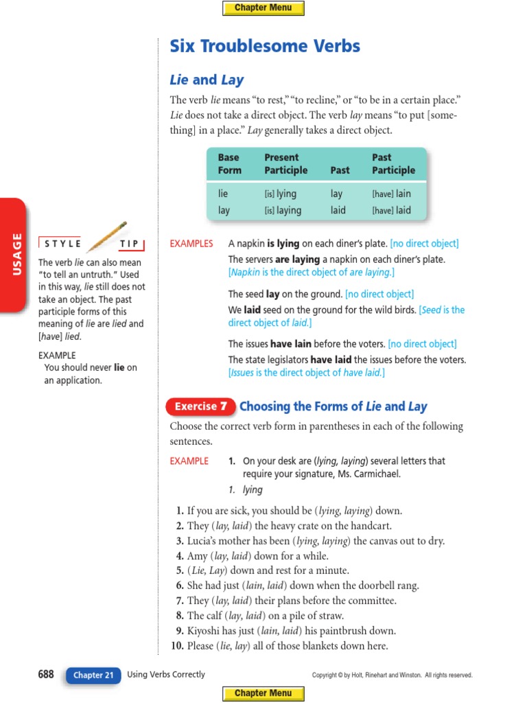 Six Troublesome Verbs: Lie and Lay | PDF | Language Mechanics | Rules