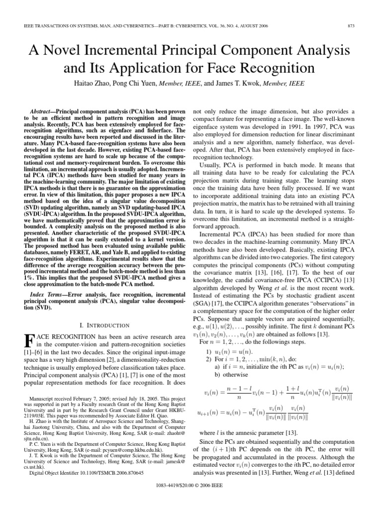 A Novel Incremental Principal Component Analysis and Its Application For Face Recognition | PDF ...