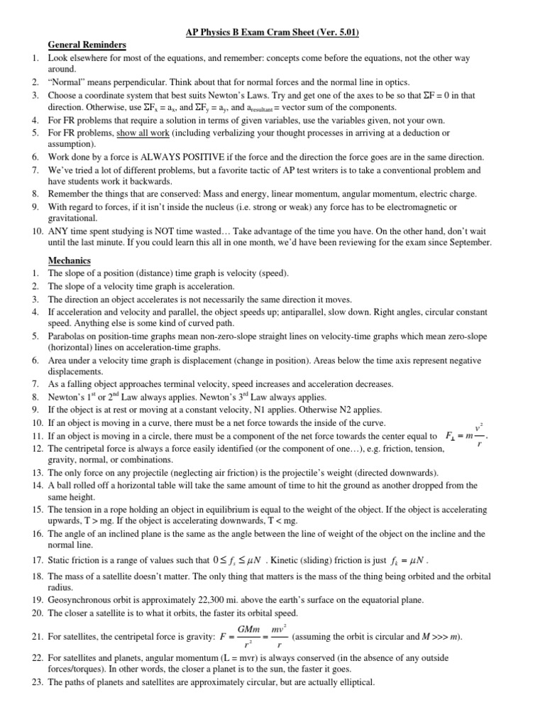 AP Physics B Exam Cram Sheet (Ver. 5.01) General Reminders: X X y y ...