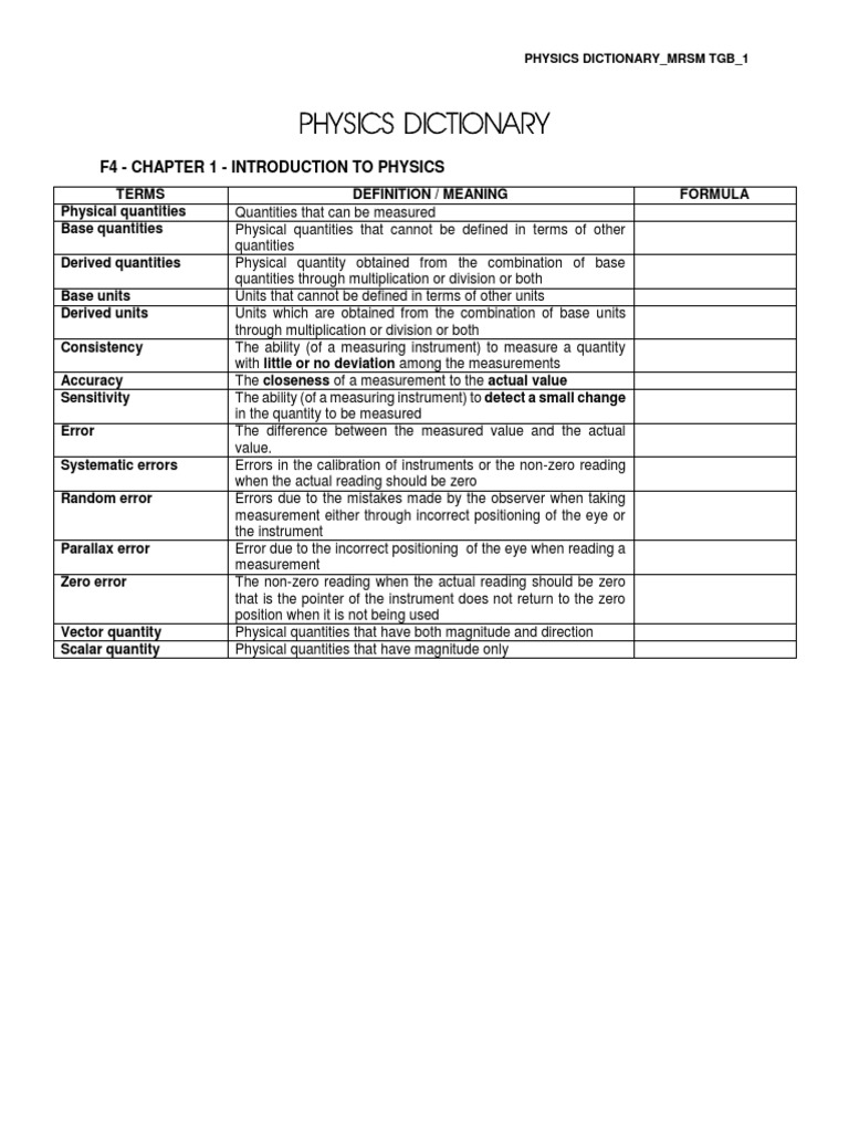 Physics Dictionary: F4 - Chapter 1 - Introduction To Physics | PDF ...
