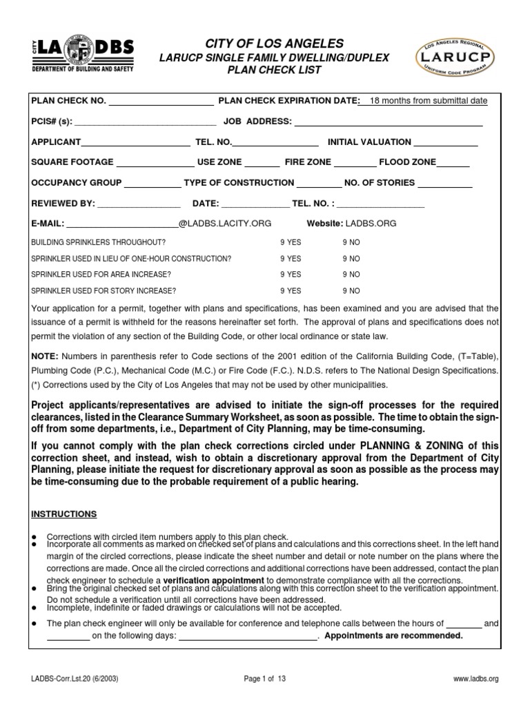 Larucp Single Family Dwelling-Duplex Plan Check List - Ladbs PDF | PDF ...