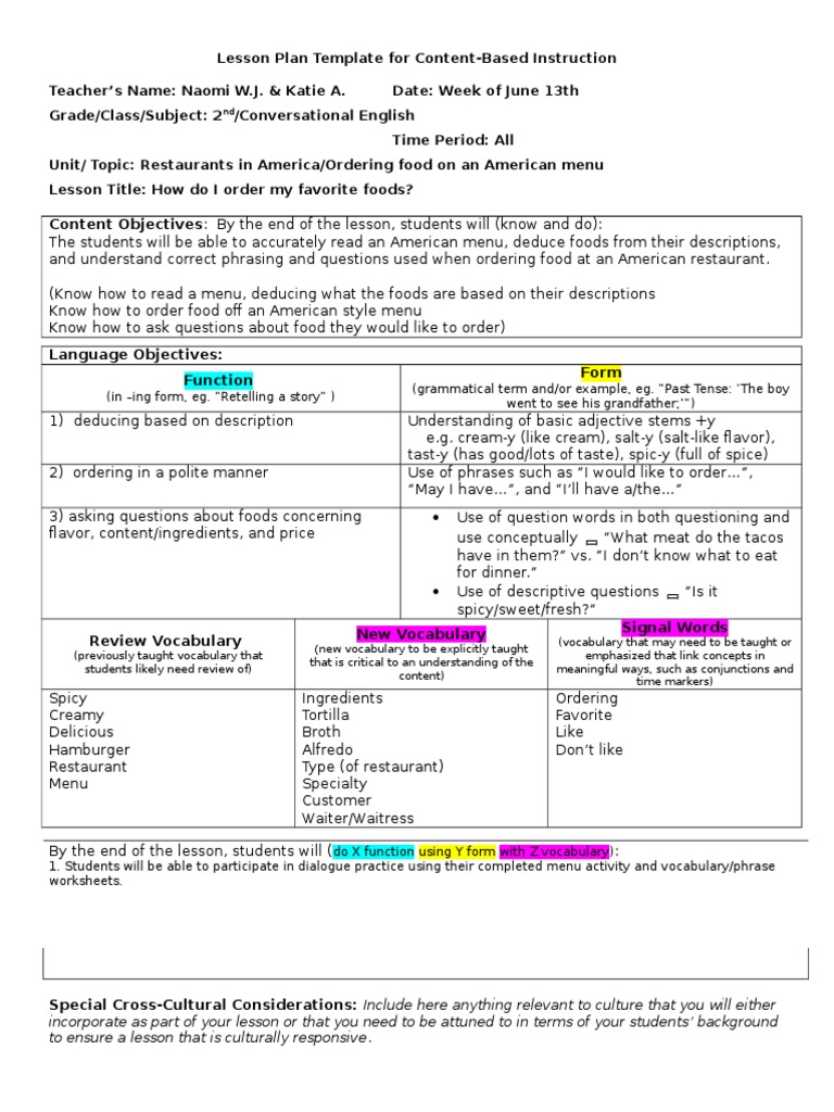 CBI Lesson Plan: Ordering Food | PDF | Menu | Question