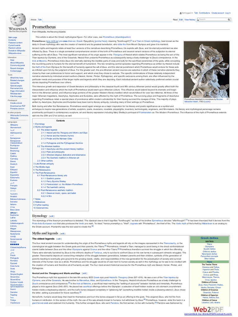 Prometheus - Article From Wikipedia | PDF | Prometheus | Greek Mythology