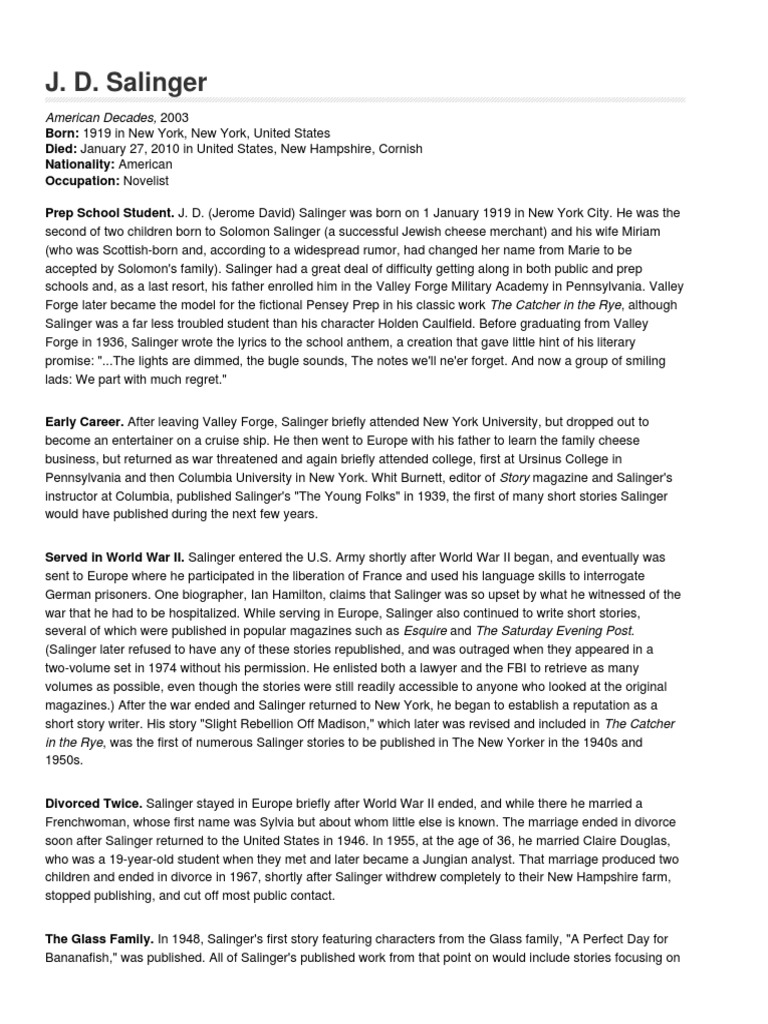 J.D. Salinger Biography.pdf | J. D. Salinger | Fiction & Literature