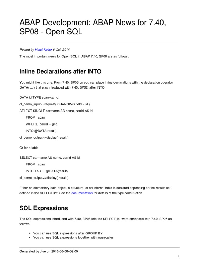 Abap News For 740 Sp08 Open SQL | PDF | Sql | Information Technology Management