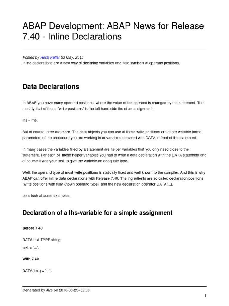 Abap News For Release 740 Inline Declarations | PDF | Parameter (Computer Programming) | Subroutine