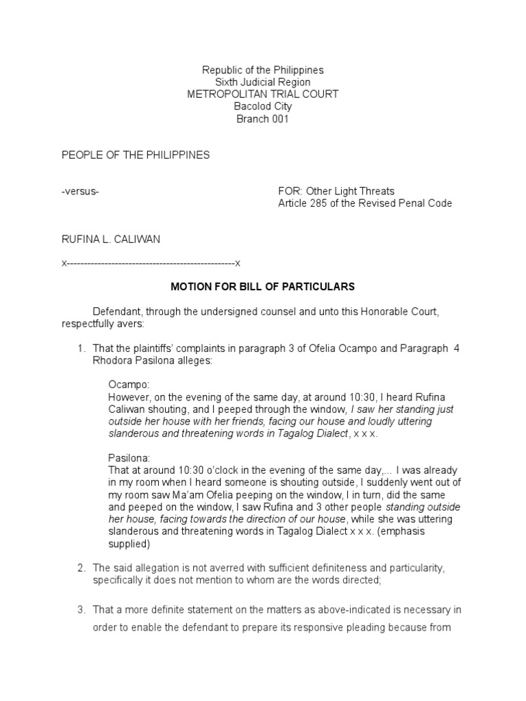 Motion for Bill of Particulars in Case | PDF | Pleading | Virtue