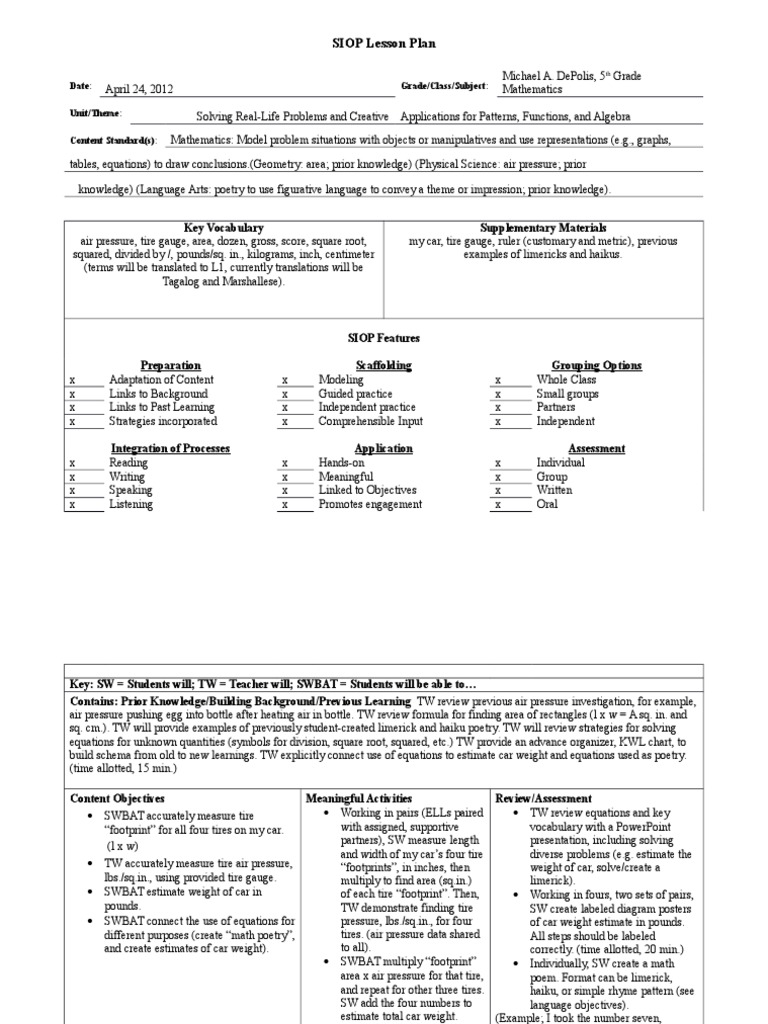 Mathematics Siop Lesson Plan | PDF | Pressure | Area