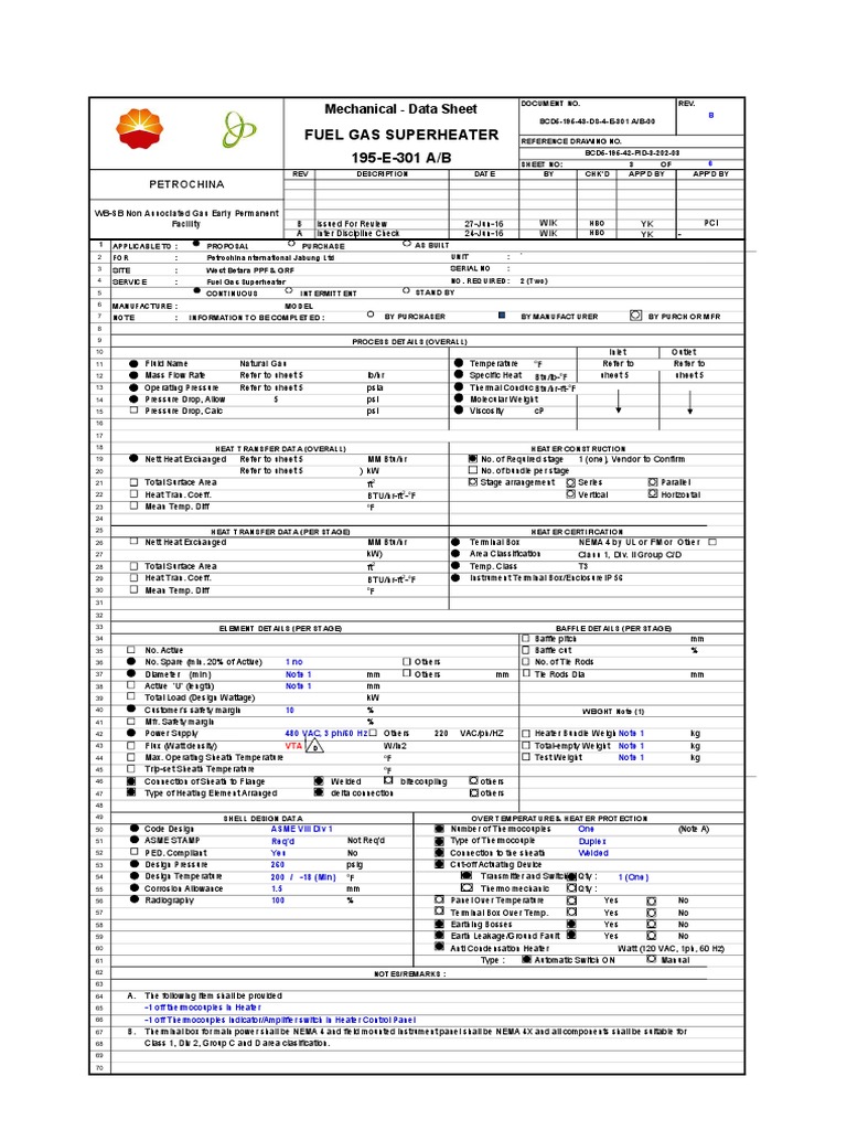 Fuel Gas Superheater 195-E-301 A/B: Mechanical - Data Sheet | PDF ...