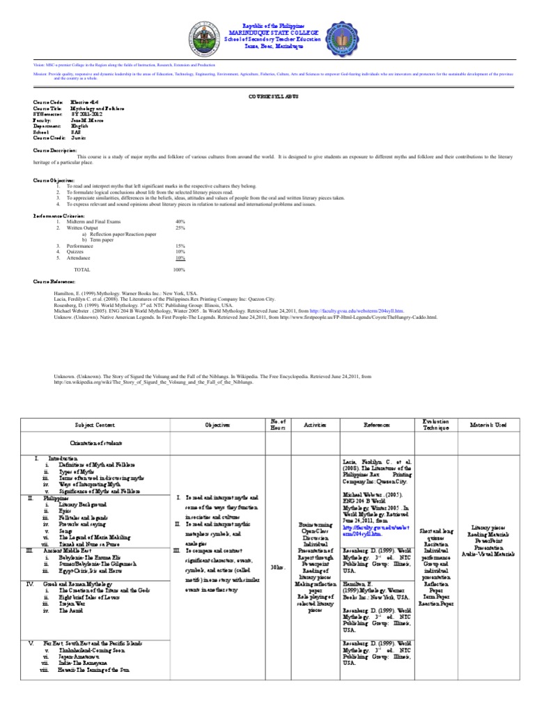 Course Syllabus Mythology and Folklore | PDF | Mythology | Folklore