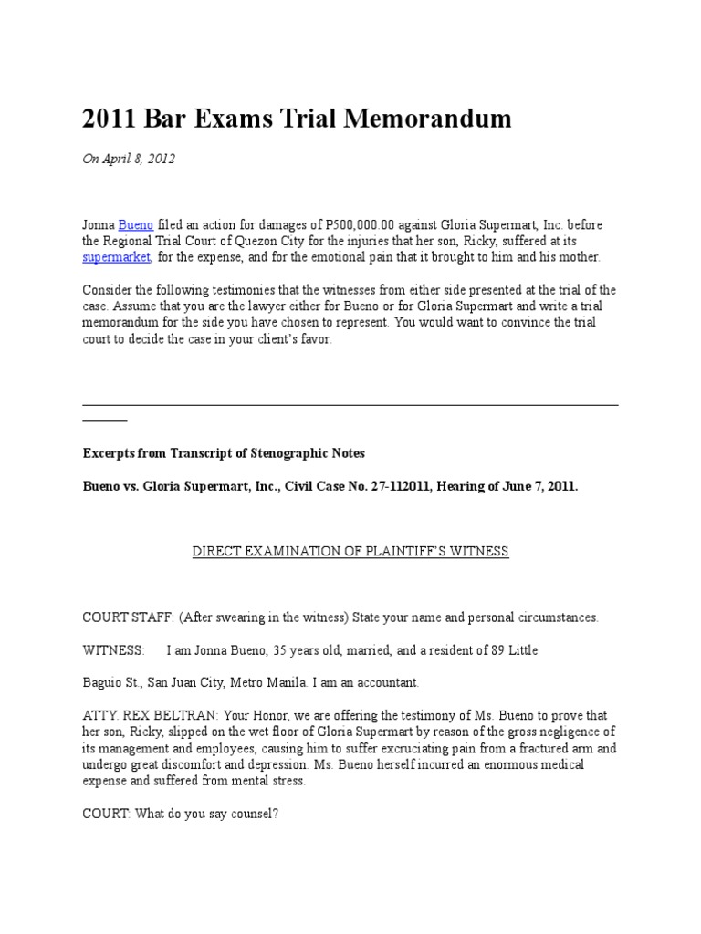 2011 Bar Exams Trial Memorandum | PDF | Negotiable Instrument | Negligence