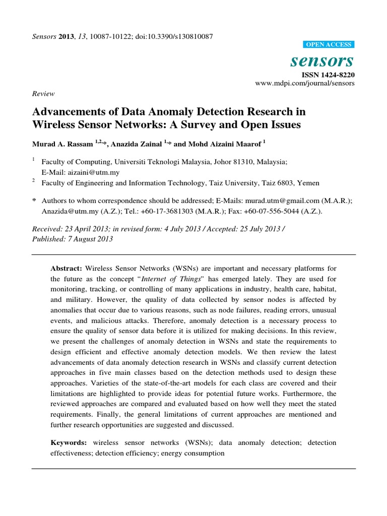 Sensors Advancements Of Data Anomaly Detection Research In Wireless Sensor Networks A Survey