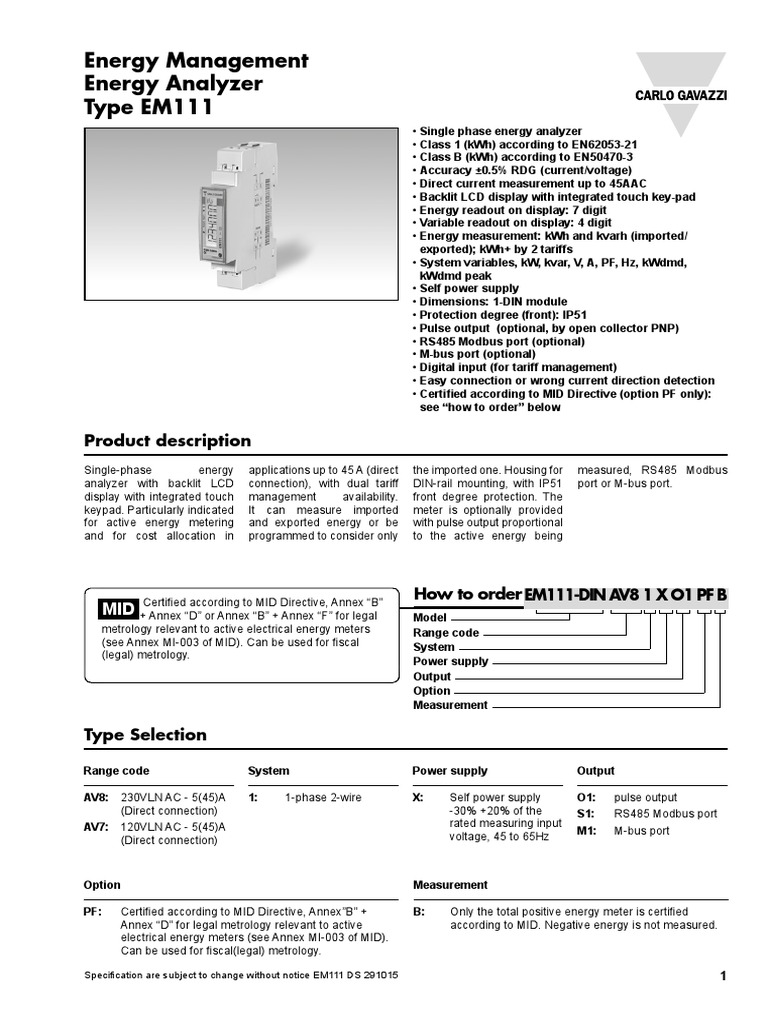 Energy Analyzer Type EM111 | PDF | Power Supply | Amplifier