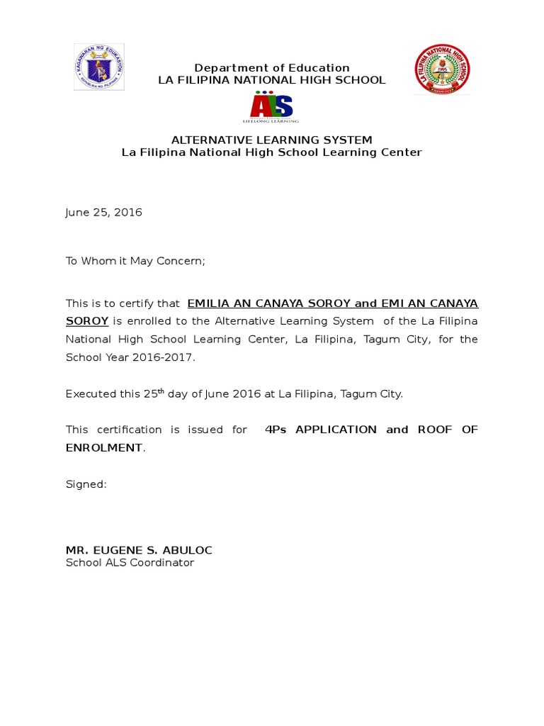 ALS Enrollment Certification 2016-2017 | PDF