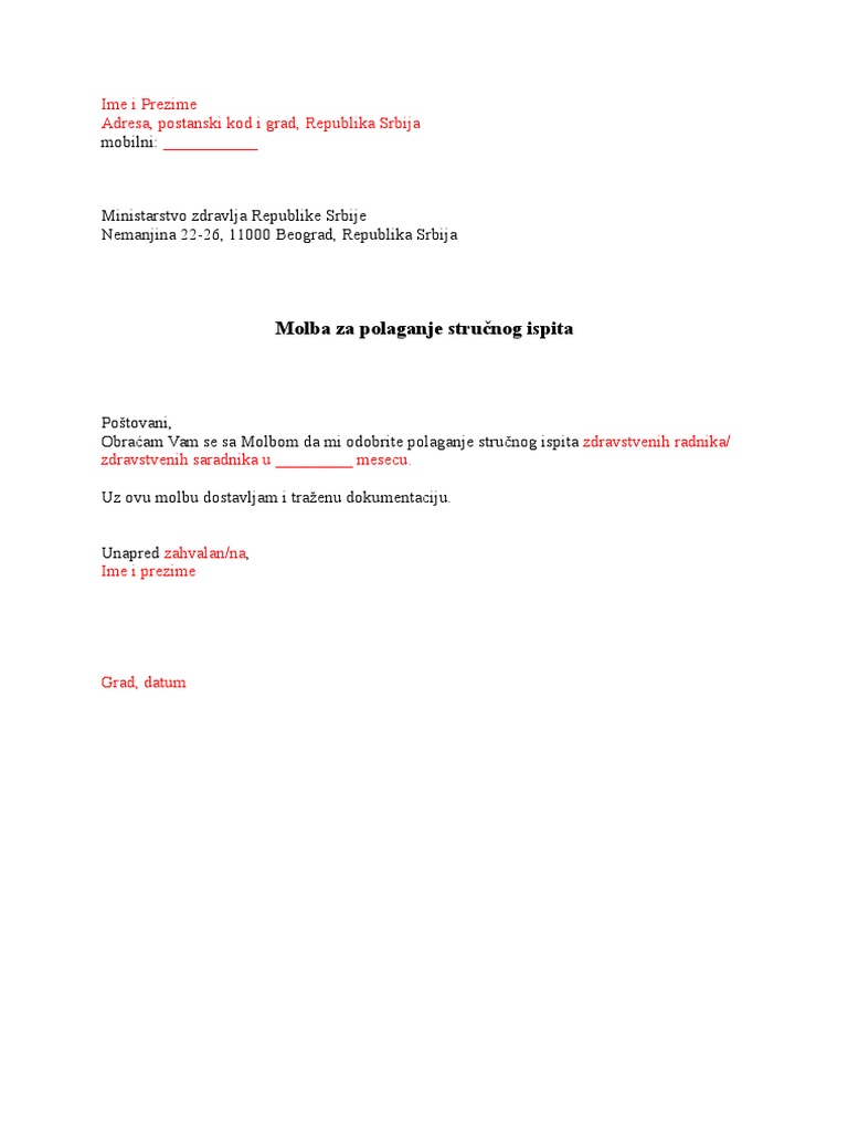Primer Molbe Za Polaganje Strucnog Ispita | PDF