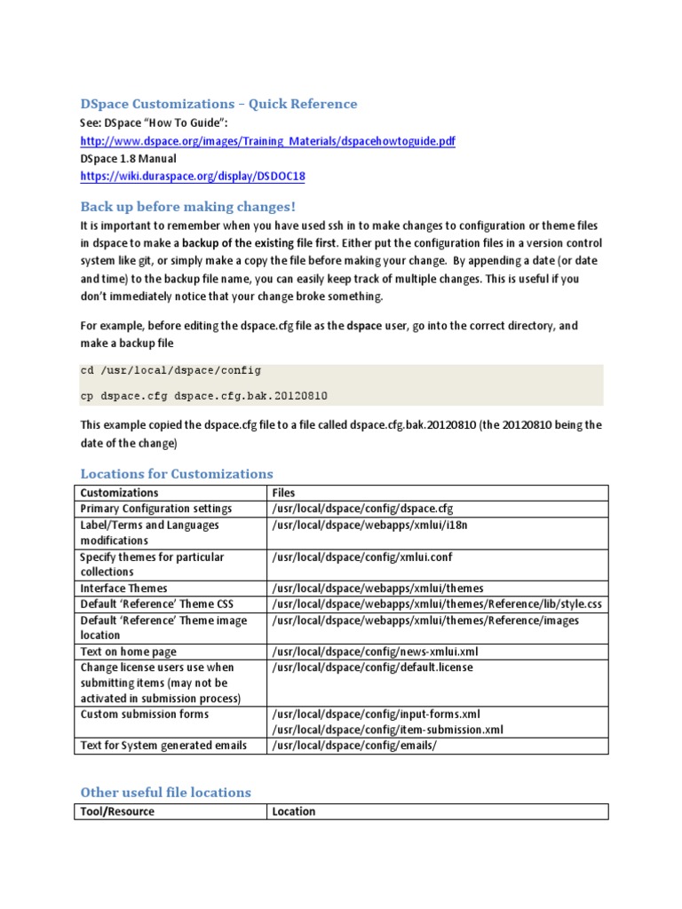 DSpace Customizations Quick Reference Manual | PDF | Superuser | Sudo