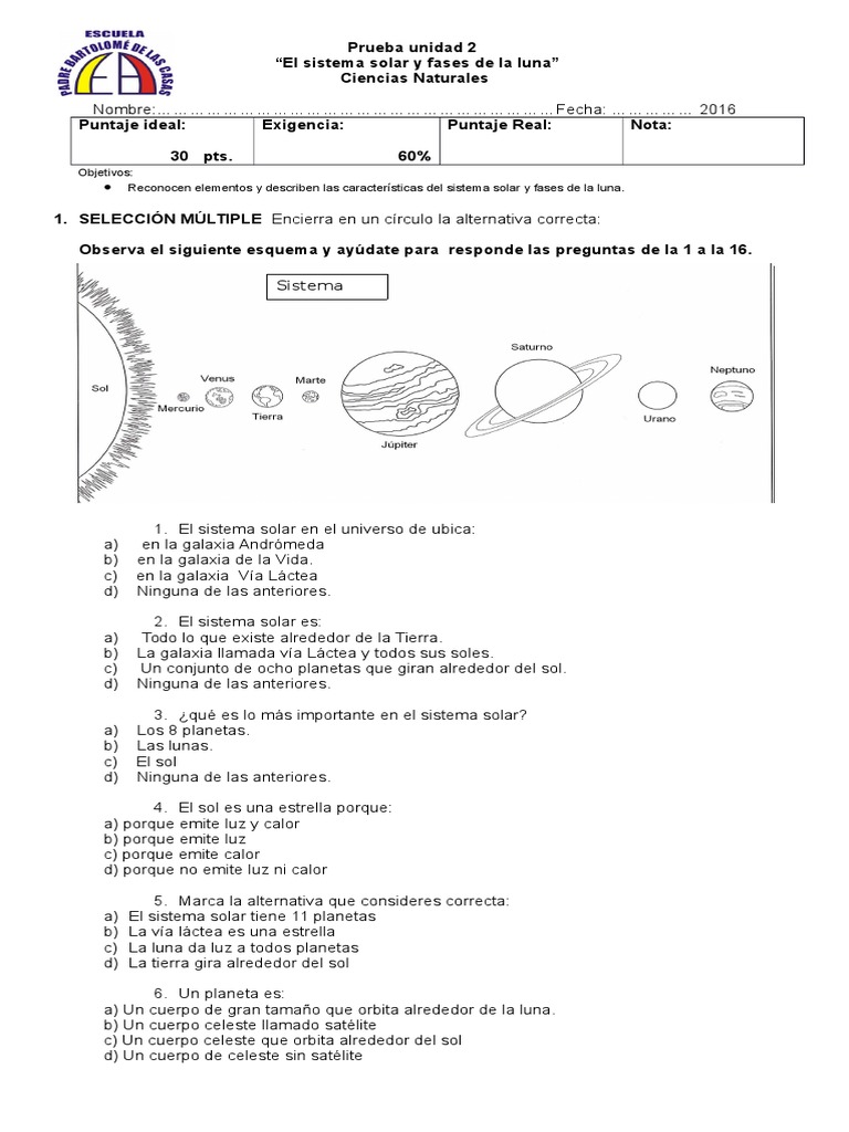 Prueba Del Sistema Solar Teachervision Evaluación Sistema Solar