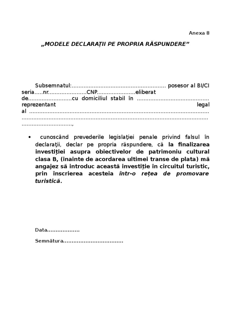 Anexa 8 Model Declaratie Propria Raspundere | PDF