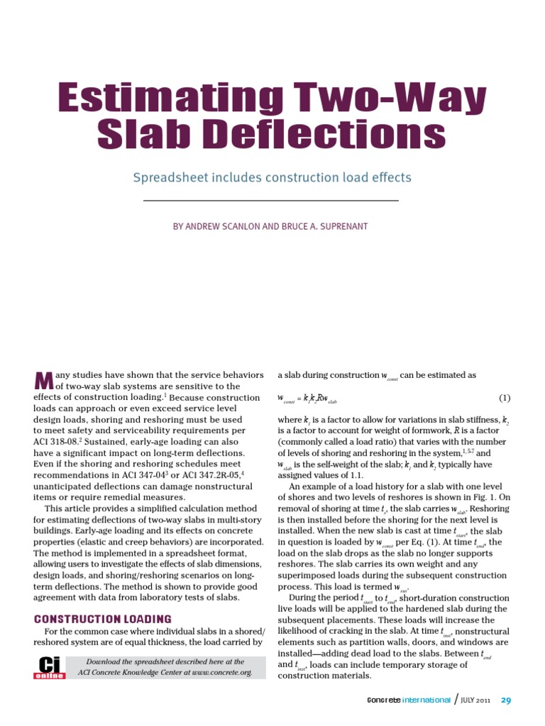 Estimating Two-Way Slab Deflections: Spreadsheet Includes Construction ...