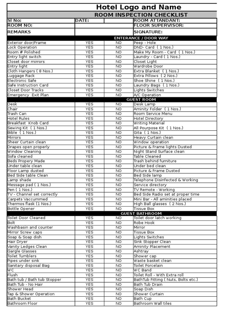 Room Inspection Checklist: Sl No: Date: Room Attandant: Room No: Floor ...
