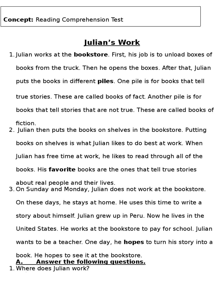 Reading Comprehension " Julian's Work" | PDF | Reading Comprehension ...