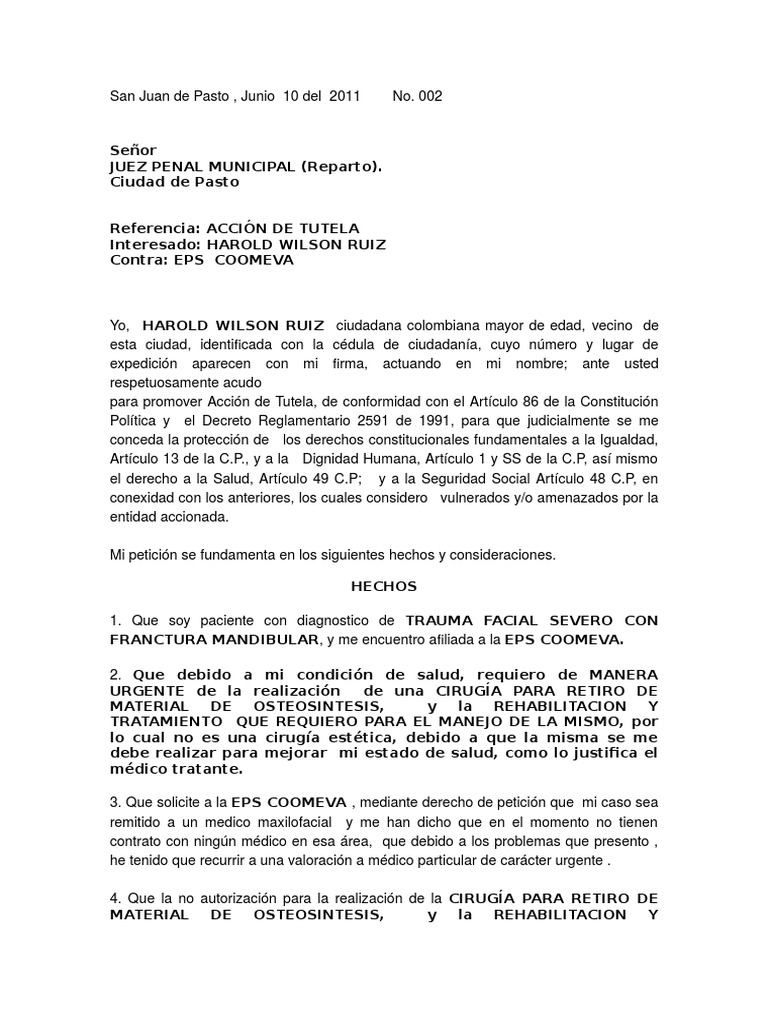 Ejemplo Tutela Integral | Jurisprudencia | Derecho Constitucional