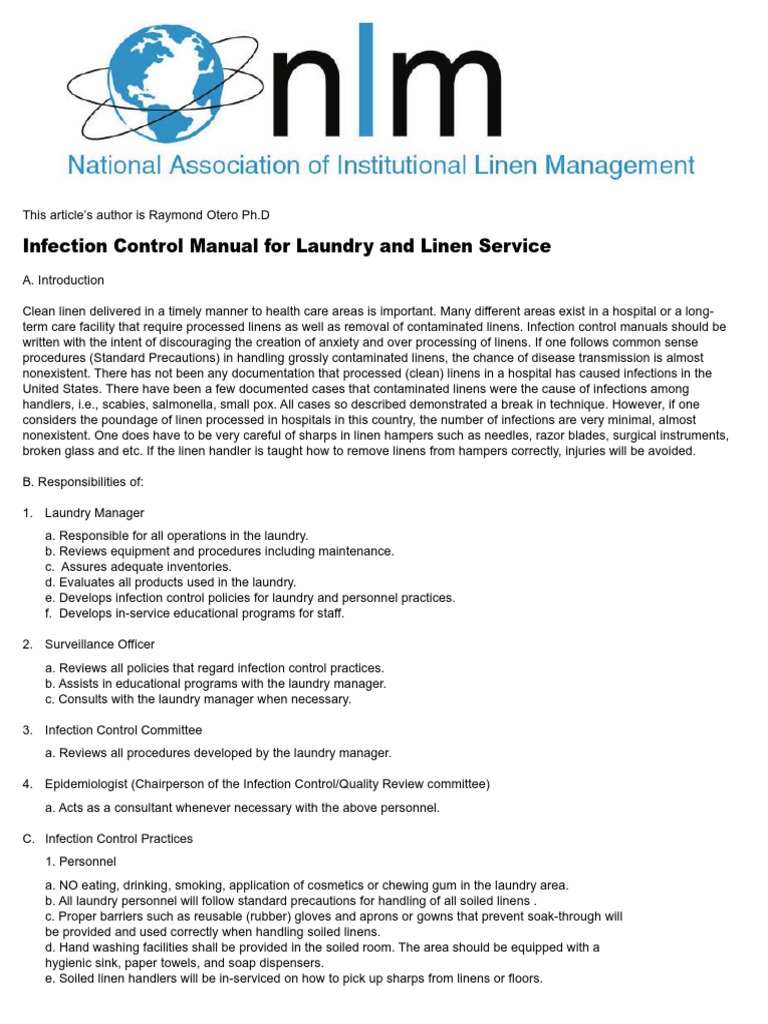 Infection Control Manual For Laundry and Linen Service | PDF ...
