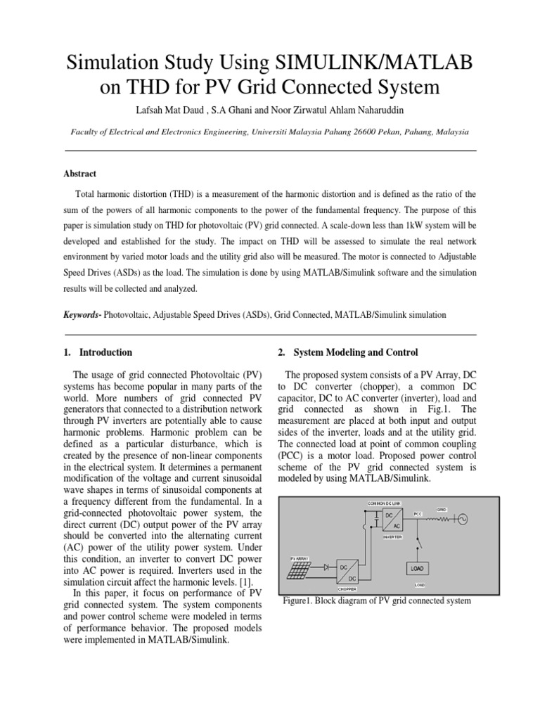 Simulation Study Using SIMULINK/MATLAB On THD For PV Grid Connected System | PDF | Power ...
