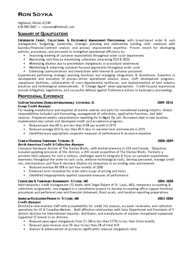 Director Credit Collections in USA Resume Ron Soyka | PDF | Credit Card ...