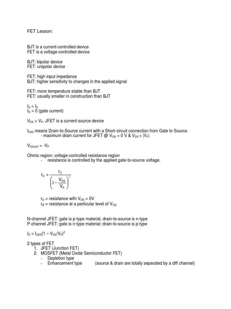 FET Summary Lesson | Download Free PDF | Field Effect Transistor | Mosfet