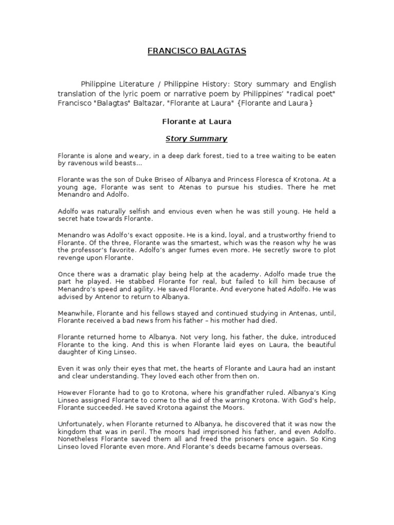 Balagtas: Florante at Laura Summary | PDF | Poetry