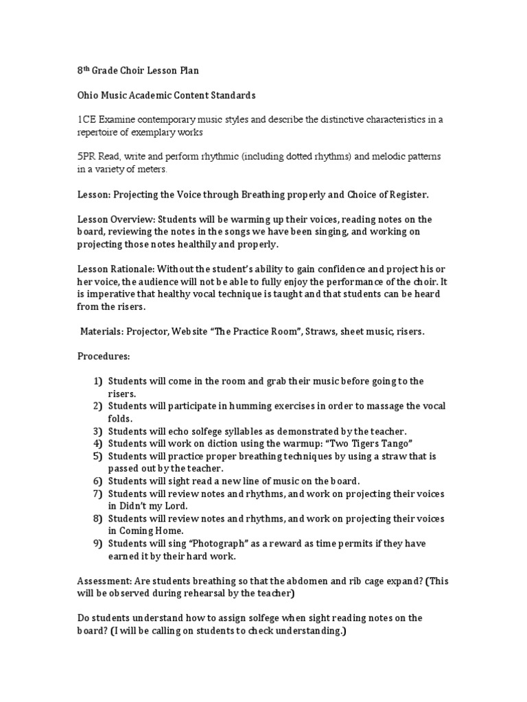 8th Grade Choir Lesson Plan | PDF | Singing | Music Theory