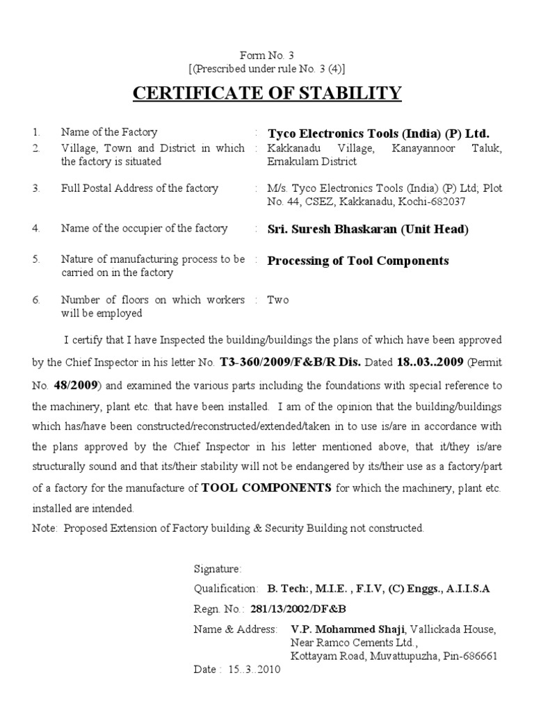 Certificate of Stability | PDF