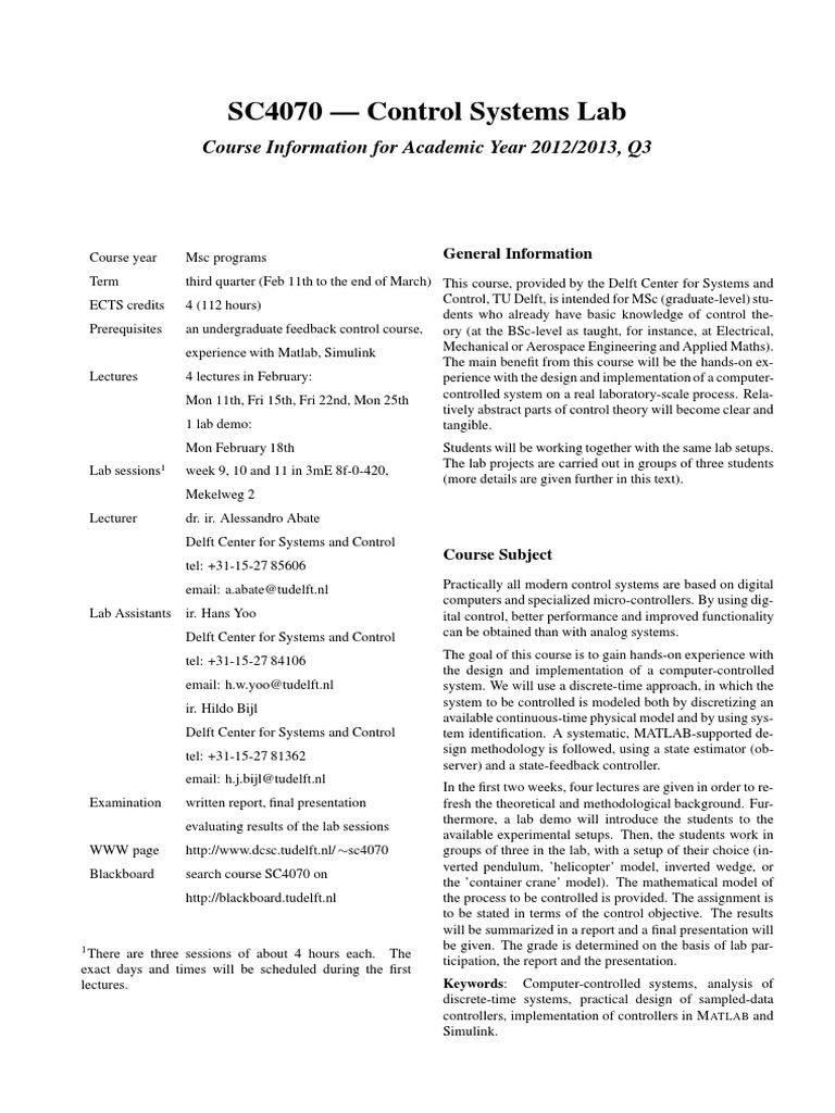 SC4070 - Control Systems Lab: Course Information For Academic Year 2012 ...
