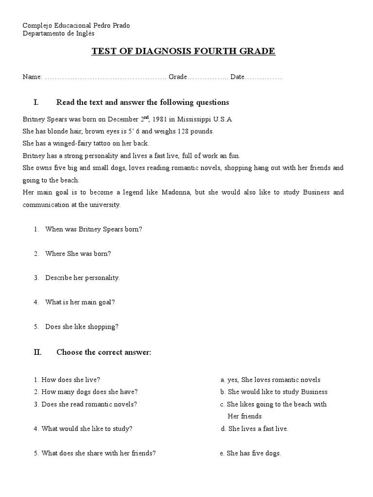 Test of Diagnosis Fourth Grade: I. Read The Text and Answer The ...
