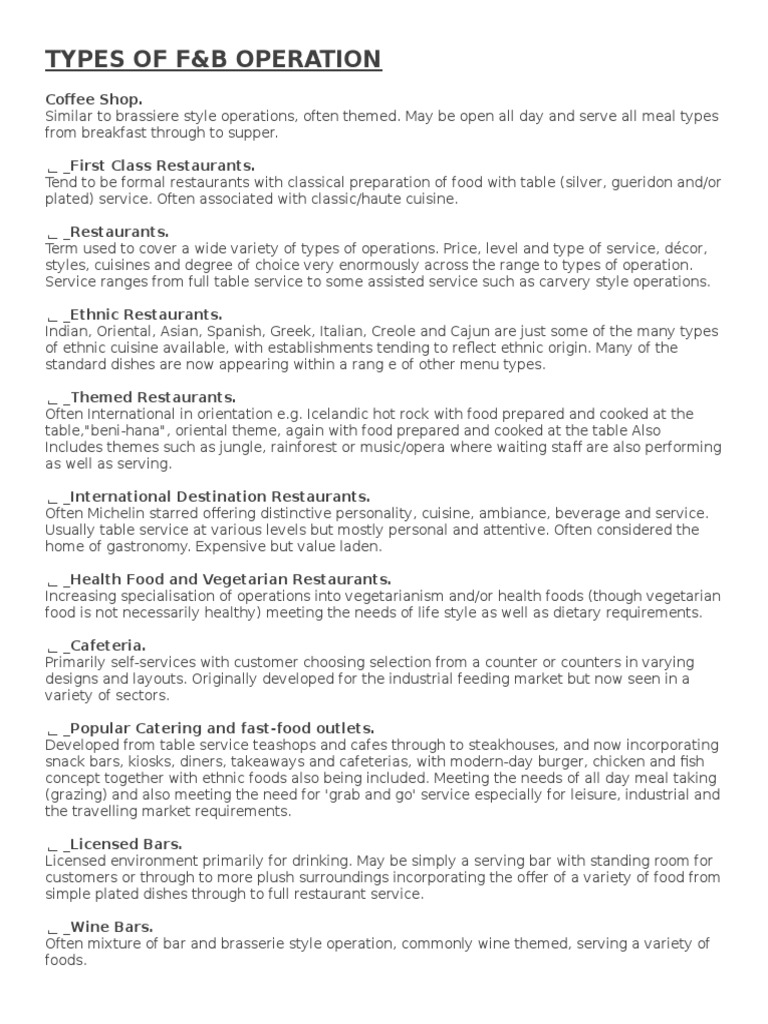 TYPES OF F&B OPERATIONS | PDF | Foodservice | Restaurants